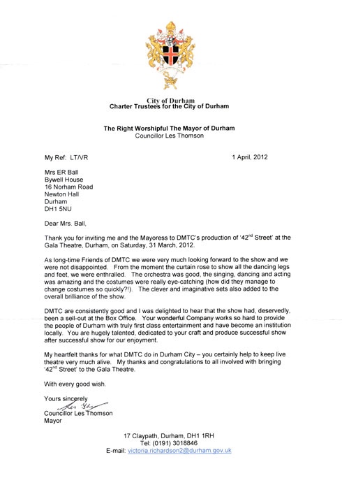 42nd Street Mayor Letter – Durham Musical Theatre Company
